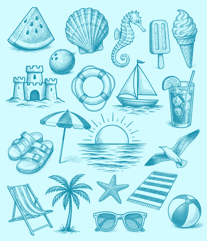 20 Beach-Themed Vector Sketches 🏖️ Free Download – Logos By Nick